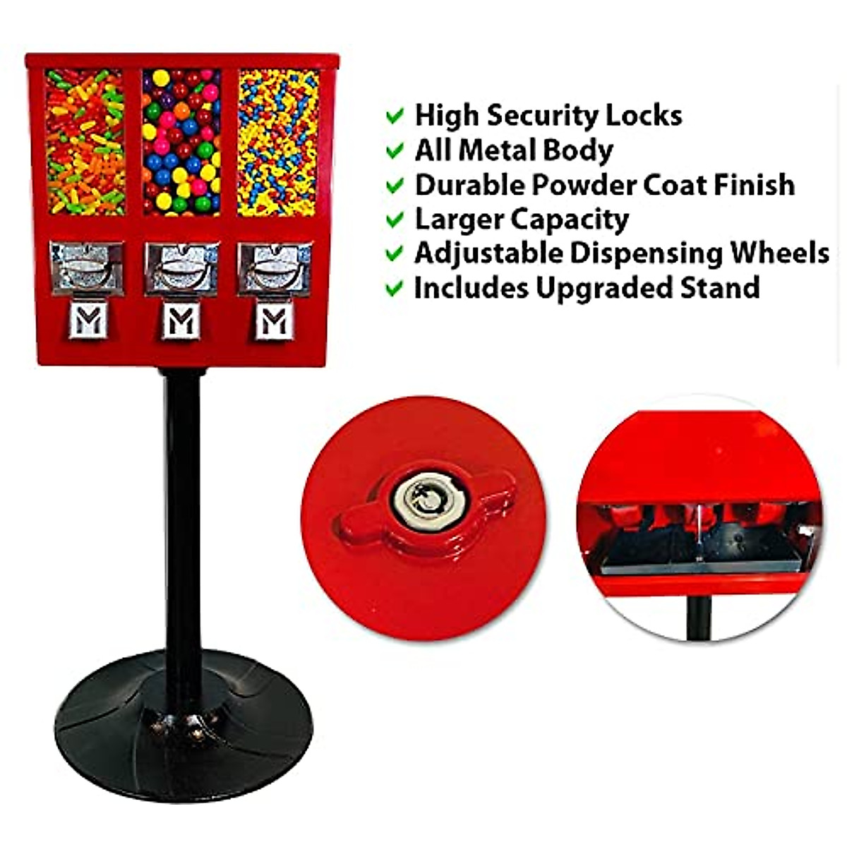 Red All Metal Triple Compartment Commercial Vending Machine for 1 inch Gumballs, 1 inch Toy Capsules, Bouncy Balls, Candy, Nuts with Stand by American Gumball Company