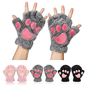 SATINIOR 3 Pairs Cat Paw Gloves Fingerless Fuzzy Plush Gloves for Women Girls (Black, Grey, Pink), One Size