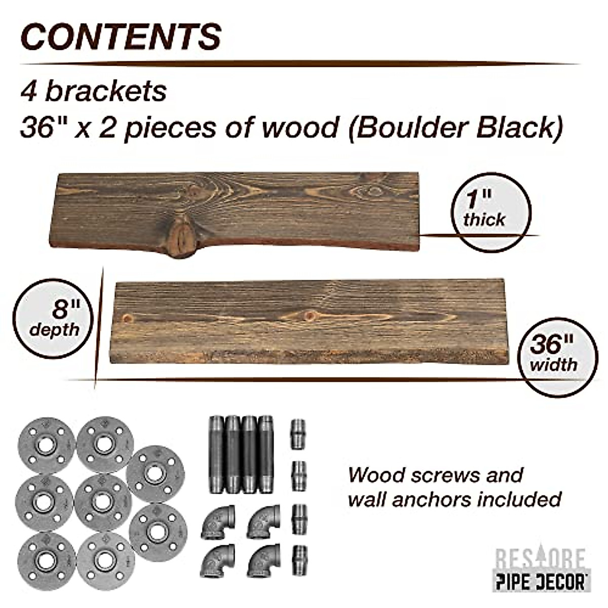 PIPE DECOR 36” Boulder Black Live Edge Wood Shelf with Industrial L-Shaped Pipe Brackets (2-Pack)