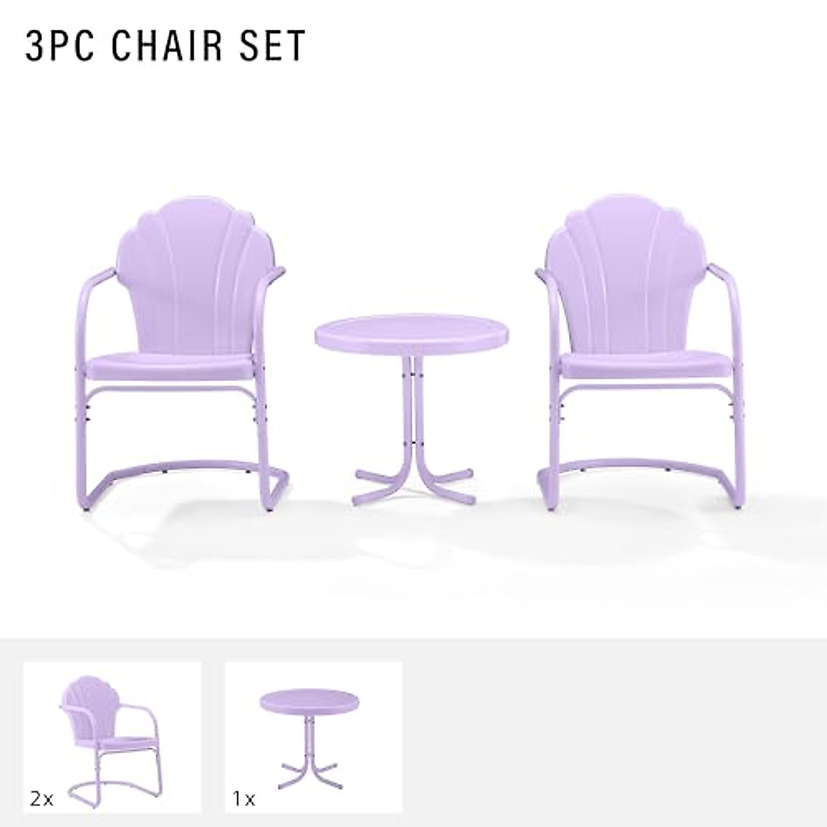 Crosley Furniture Tulip 3-Piece Outdoor Chair and Side Table Set, Vintage Retro Metal Patio Conversation Sets, Lavender Gloss