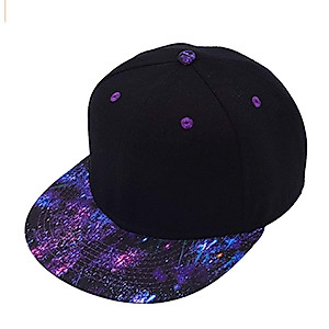Quanhaigou Purple Galaxy Snapback Hat Unisex Trucker Hat Hip Hop Plaid Flat Bill Brim Adjustable Baseball Cap, Black Purple, One Size