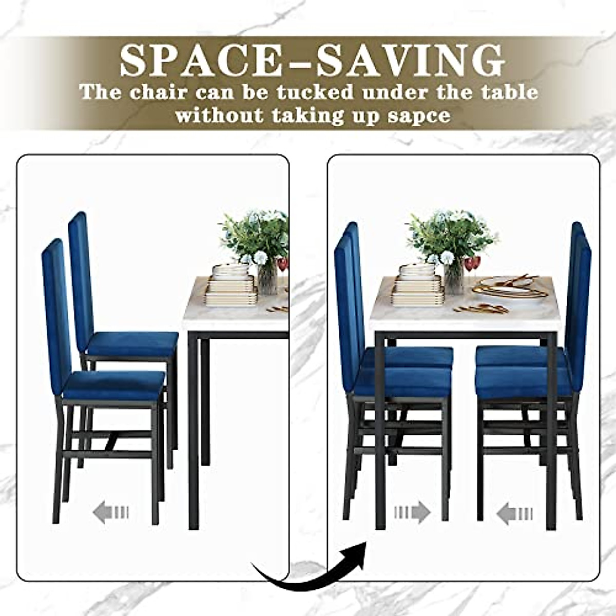 Hooseng Dining Table Set for 4- Space Saving Kitchen Table and Chairs for 4, Modern Style Faux Marble Tabletop & 4 Blue Velvet Chairs, Perfect for Dining Room, Kitchen, Breakfast Corner Small Spaces