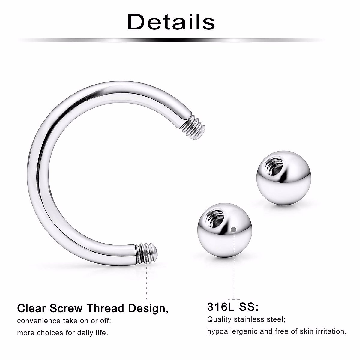 Ftovosyo 36PCS 12G Surgical Steel Septum Rings Horseshoe Barbell Tragus Cartilage Helix Earring Hoop Piercing Jewelry for Women Men 12mm Ball Spike Silver-tone
