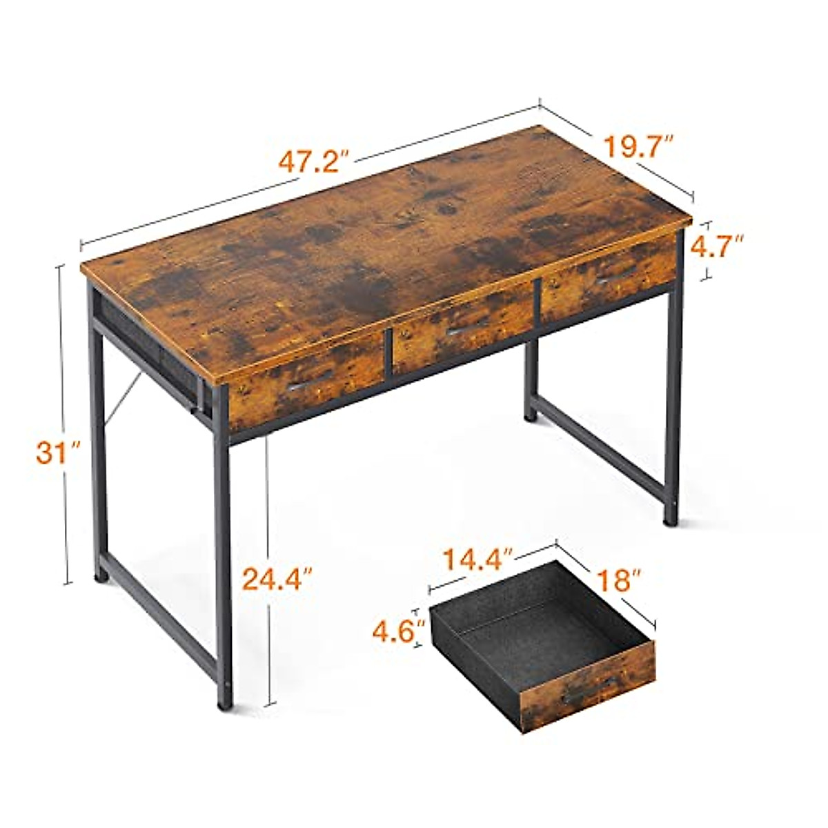 ODK 48 Inch Computer Desk with 3 Fabric Drawer, Home Office Desk Modern Work Writing Study Desk, Vintage