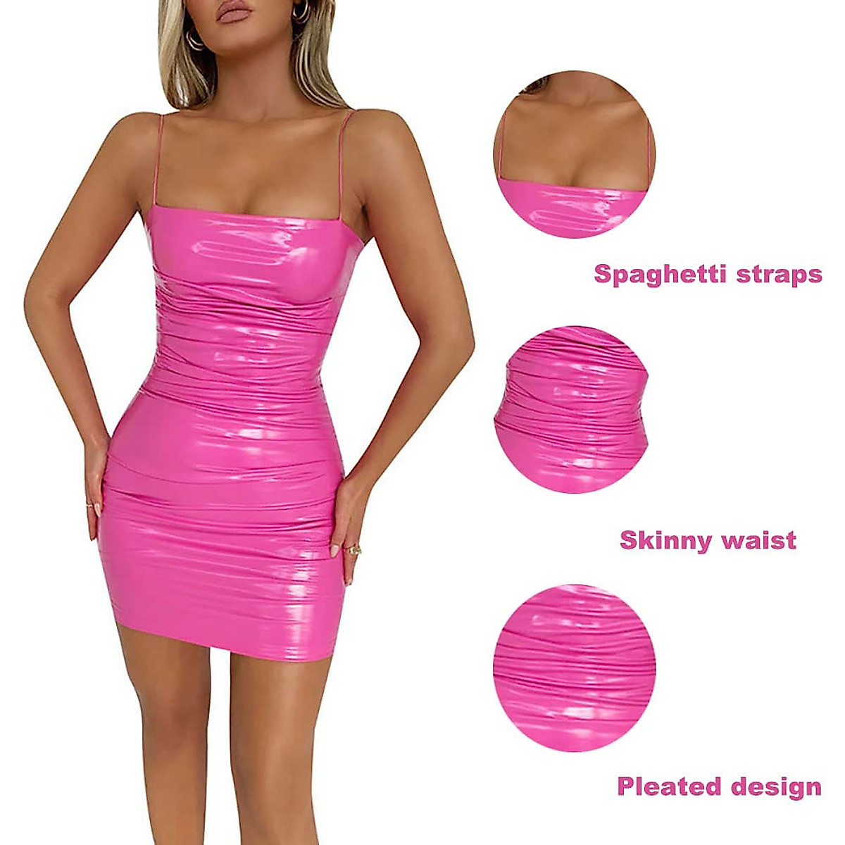 CNLFC Women's Sexy Latex Faux Leather Spaghetti Strap Petite Dress Ruched Tight Zipper Mini Club Party Bodycon Dress (Pink,Large)