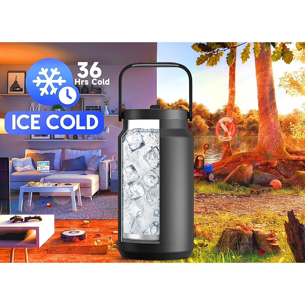 Meoky 50 oz Tumbler with Handle, Stainless Steel Vacuum Insulated Water Bottle, Keeps Cold for 36 Hours, 100% Leak Proof, BPA-free, Non-slip Base (Night