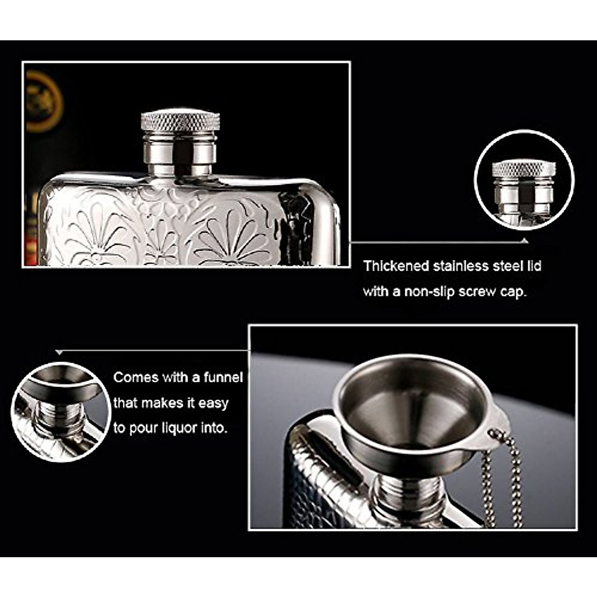 LANZON Hip Flask with Funnel, All 18/8 304 Food Grade Stainless Steel Curved Pocket Flask for Liquor | 6 OZ Capacity | Gift Boxed (Flower Pattern)
