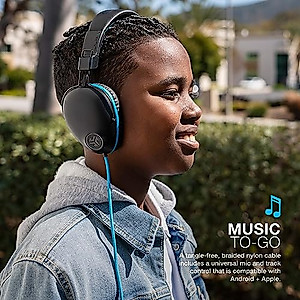 JLab JBuddies Pro Wired Over-Ear Kids Headphones, Built-in Volume Regulators for Safety, Folding, Adjustable, Noise Isolation, with Mic, Blue