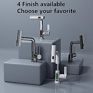 BARROCK Waterfall Bathroom Faucets with Pull Down Sprayer, Modern Pull Out Bathroom Sink Faucet with Digital Temperature Display, Height Adjustable Basin Mixer Tap No Battery Needed, Gun Grey