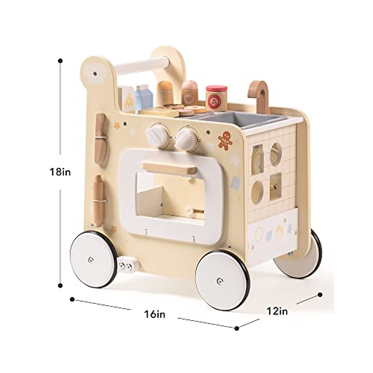 ROBOTIME Baby Push Walker Wooden Strollers,4 in 1 Multiple Activities Center Learning Activity Walker Toys, Suitable for Toddlers Kid 12Mos+ with Bakery Kitchen,Shape Sorter and Movable Slider
