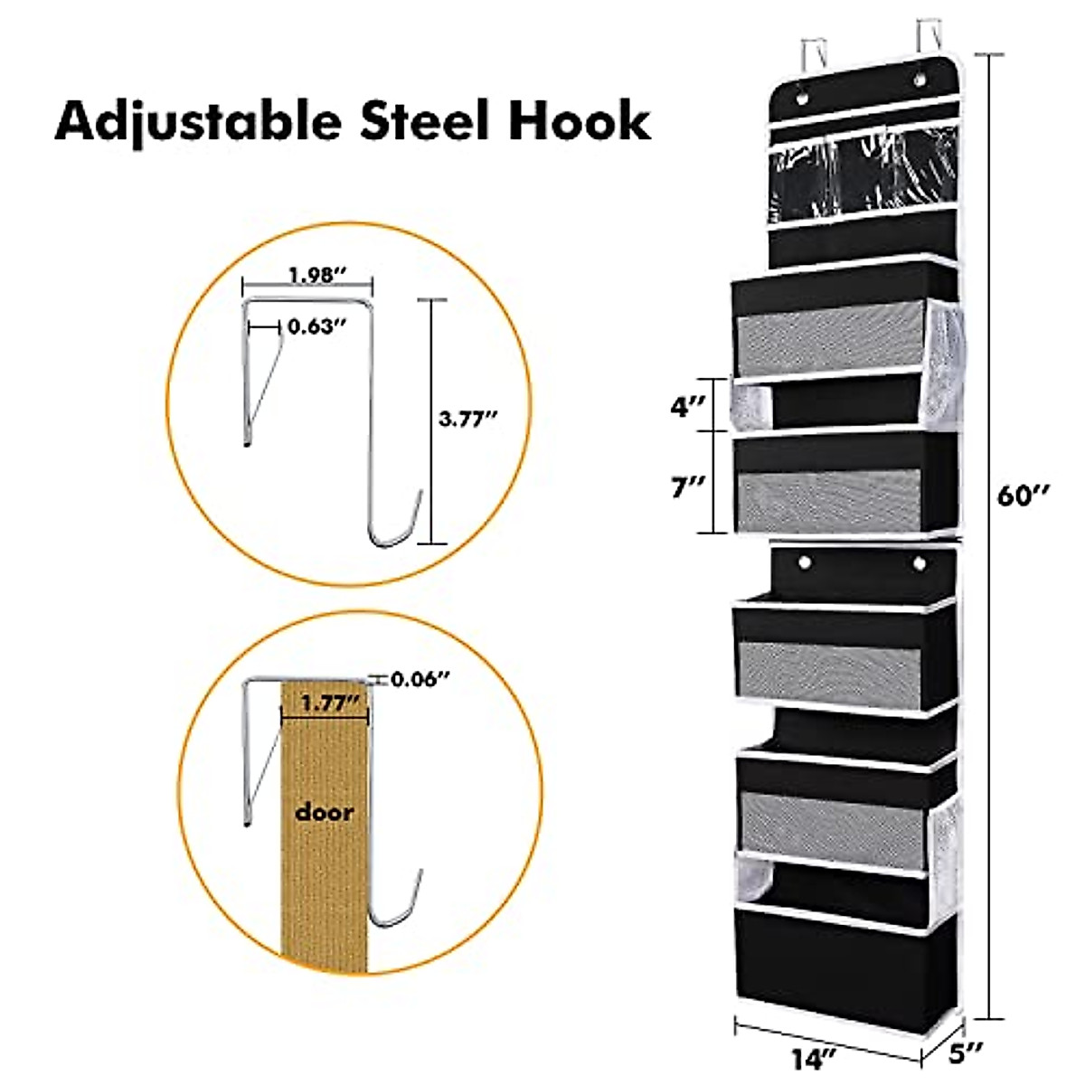 BrilliantJo 2 Packs 6-Shelf Over The Door Organizer, Flexible 1 Split into 2(4 Packs 3 Shelf) Hanging Storage Wall Mount with 4 Side Pockets, Swing-Proof Behind Door for Bathroom Closet, Black