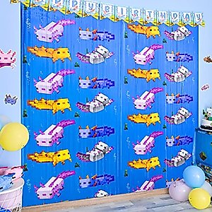 Bupelo Pixel Game Themed Party Supplies,2 Packs of Axolotl Tinsel Foil Fringe Curtains, Miner Themed Photo Booth Prop Backdrop Streamer, Axolotl Birthday Party Decorations, Room Decor for Kids