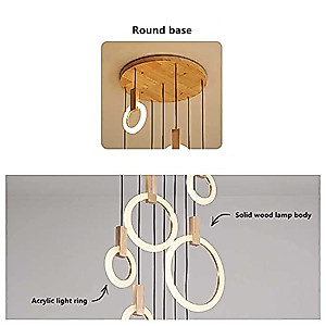 JAYMP 10 Rings Stair Chandelier High Ceiling Modern LED Acrylic Circle Wooden Nordic Art Pendant Lighting Long Chandeliers White Living Room Restaurant Hotel Hallway Entrance Staircase