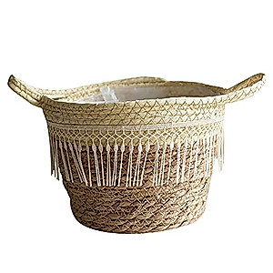 Seagrass Woven Storage Basket for Plants,Seegrass Laundry Basket,Decorative Wicker Baskets with Handles,Boho Decor Belly Basket for Storage Plant Pot Basket,Picnic,Grocery Basket,Bathroom or Pets