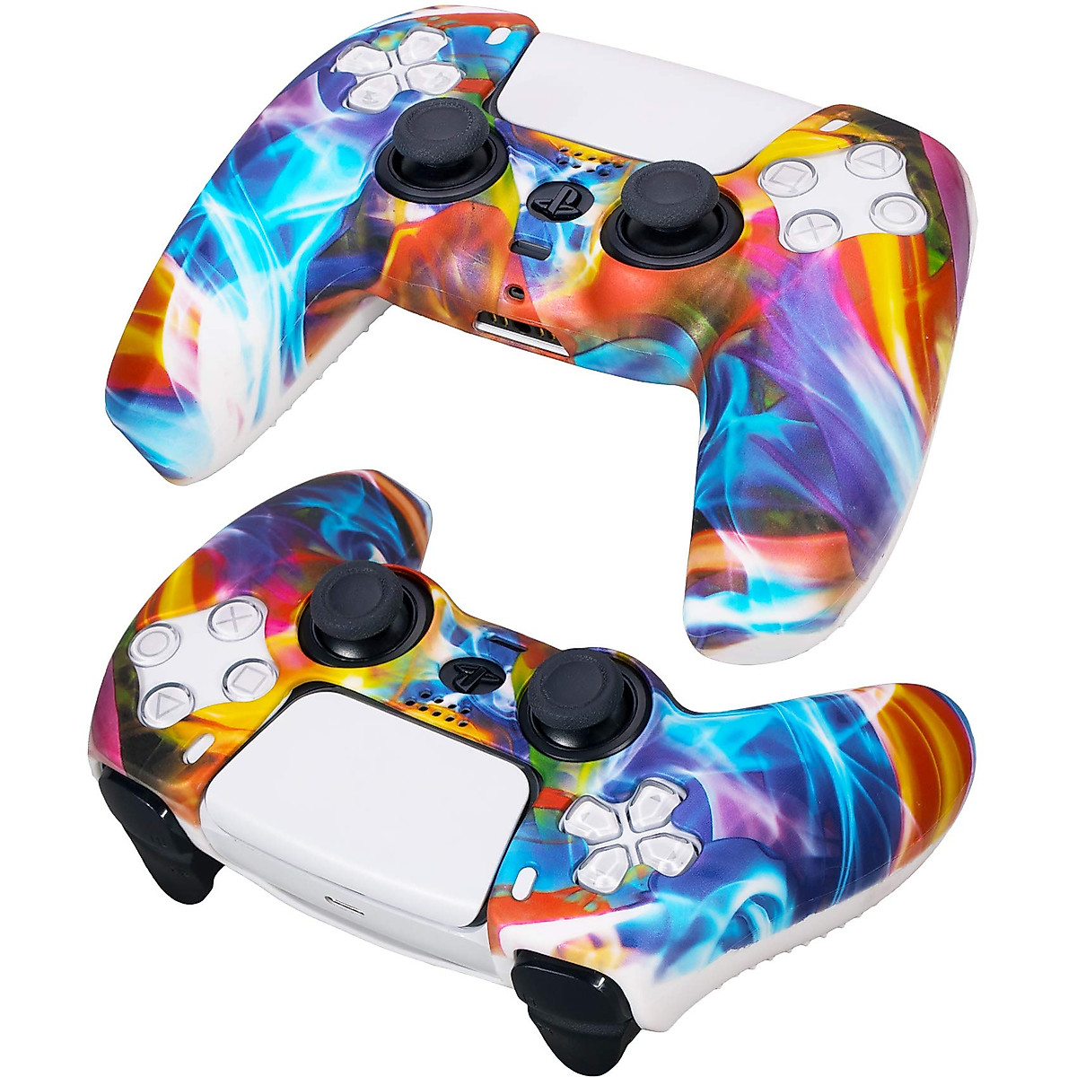 9CDeer 1 Piece of Silicone Transfer Print Protective Cover Skin + 10 Thumb Grips for PlayStation 5 / PS5 Controller Rainbow