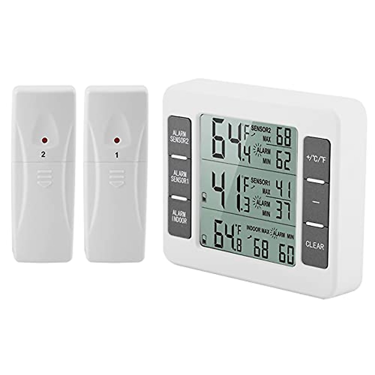 plplaaobo Therometer, 2pcs Refrigerator Temperature Sensor Wall-Mounted Wireless with Min/Maximum LCD Display, Portable Digital Alarm Thermometer with Adjustable Hanging Hook for Homes Offices