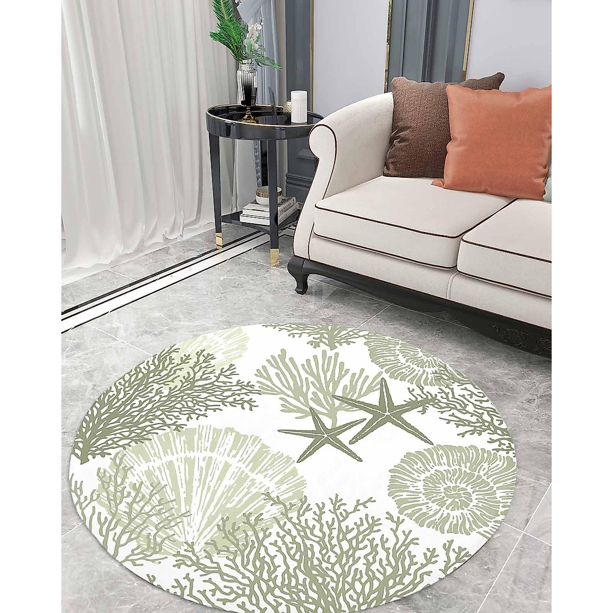 Sage Green Shell Fluffy Round Area Rug Carpets 3.3ft, Plush Shaggy Carpet Soft Circular Rugs, Non-Slip Fuzzy Accent Floor Mat for Living Room Bedroom Nursery Ocean Nautical Starfish Abstract Geometric