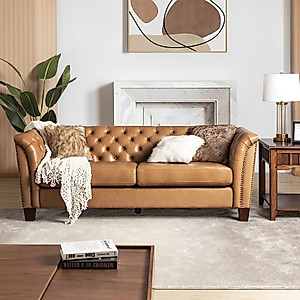 HULALA HOME Tufted Genuine Leather Sofa Couch 2-Seater Chesterfield Sectional Sofa for Living Room, Camel