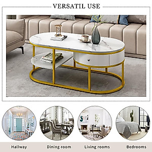 Qiyom Modern Faux Marble Coffee Table, Oval Coffee Table with Storage Shelf and Metal Frame, White Coffee Table Cocktail Table for Living Room, Home Office