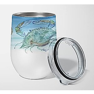 Caroline's Treasures SC2080TBL12 Crabs Shrimp and oysters Stainless Steel 12 oz Stemless Wine Glass Insulated Wine Tumbler with Lid, Cute Travel Cup for Coffee, Cocktails, Gift Women, Mother