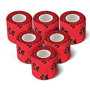Risen Self Adhesive Bandage Wrap 6 Pack,2”x 5 Yards Medical Tape for Christmas Gifts,Gauze Rolls First Aid Vet Wrap Adherent Bandages for Sports,Dogs Pet(Red Paw)