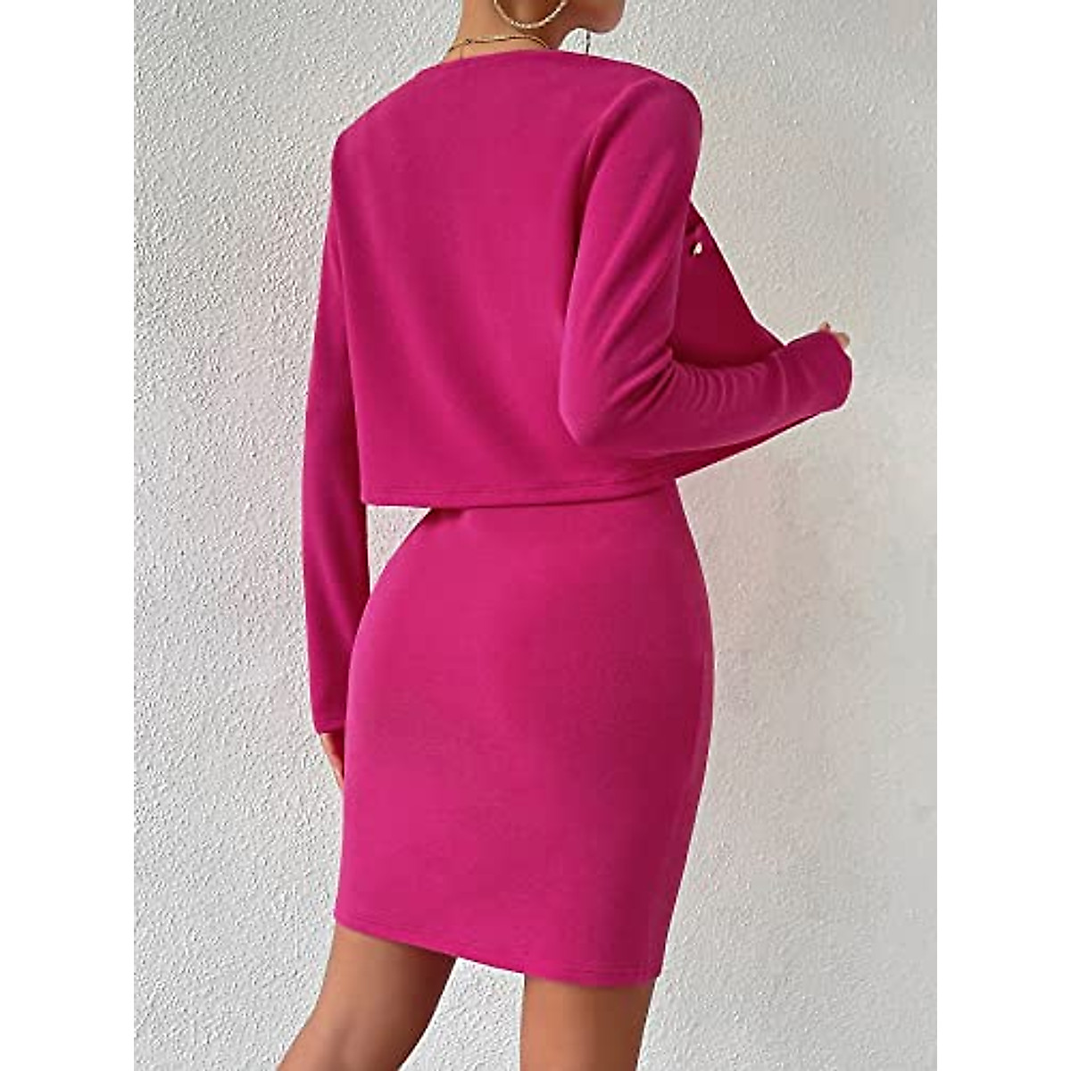 Floerns Women's 2 Piece Outfit Button Front Jacket Blazer with Bodycon Cami Dress Hot Pink M