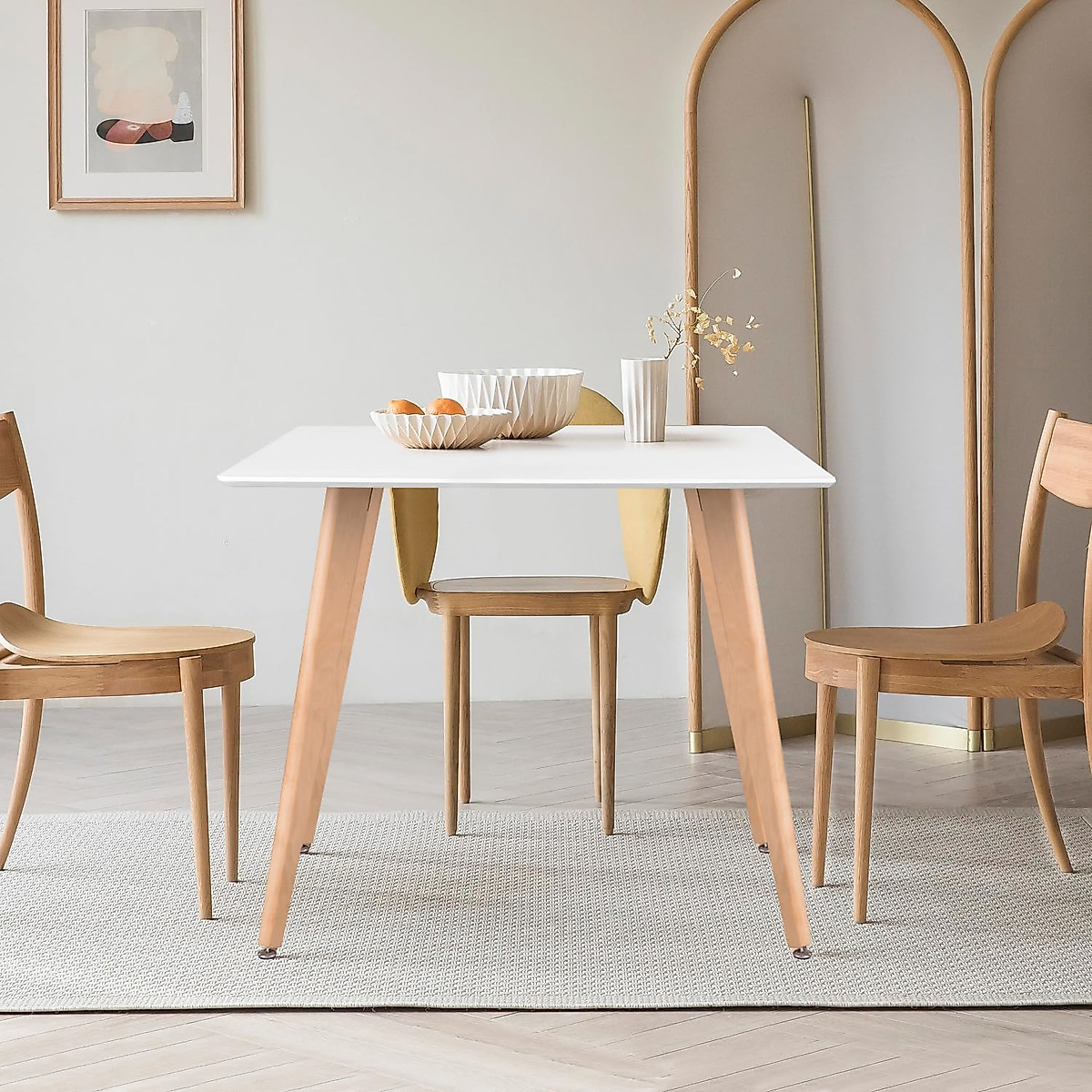 FurnitureR Minimalist Rectangle Dining Table with Round Beech Wood Legs for Home Kitchen Living Room Corner Small Spaces Leisure, 43.3 inches, White