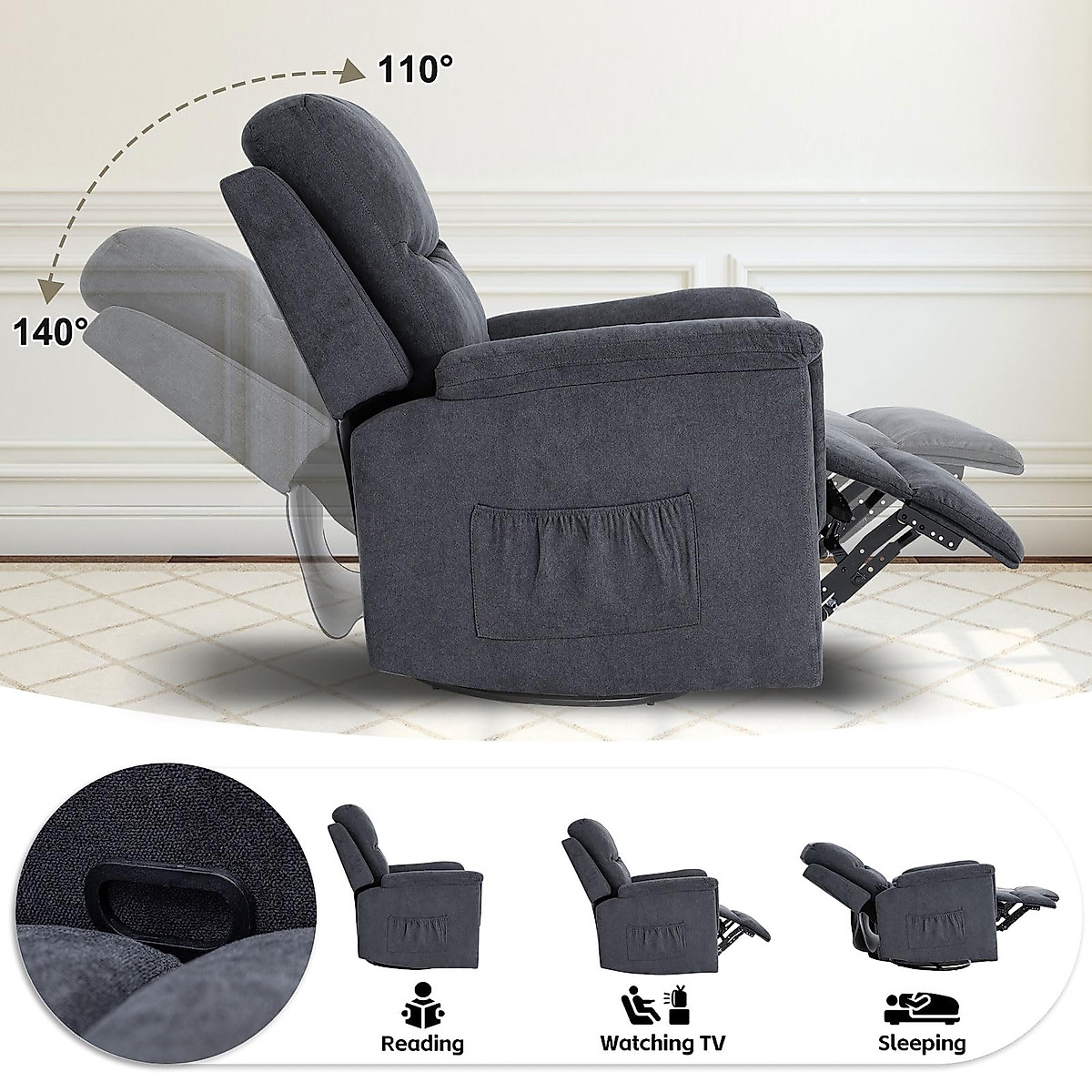 Swivel Rocker Recliner, Swivel Rocker Recliner Chairs for Adults, Manual Rocking Recliner Chair, 360 Degree Swivel Glider Recliner Chair, Overstuffed Manual Rocking Recliner for Living Room