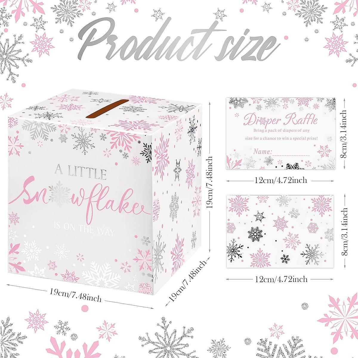 51 Pcs Diaper Raffle Tickets with Baby Shower Card Box Winter Wonderland Diaper Raffle Game Box Snowflake Diaper Raffle Sign Box Insert Cards for Gender Reveal Baby Shower Game Kit Party Decorations