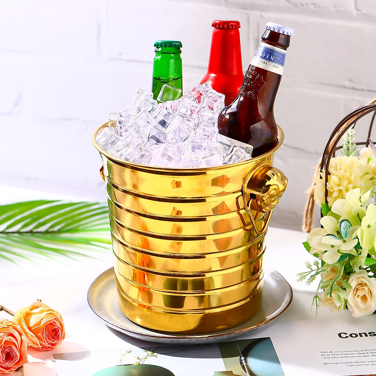 Pinkunn 6 Pack Gold Stainless Steel Champagne Bucket 3 Qt Metal Ice Bucket Double Wall Wine Bucket with Handles Party Beverage Chiller for Champagne Beer Cocktail Wine Drinks Home Bar Accessories