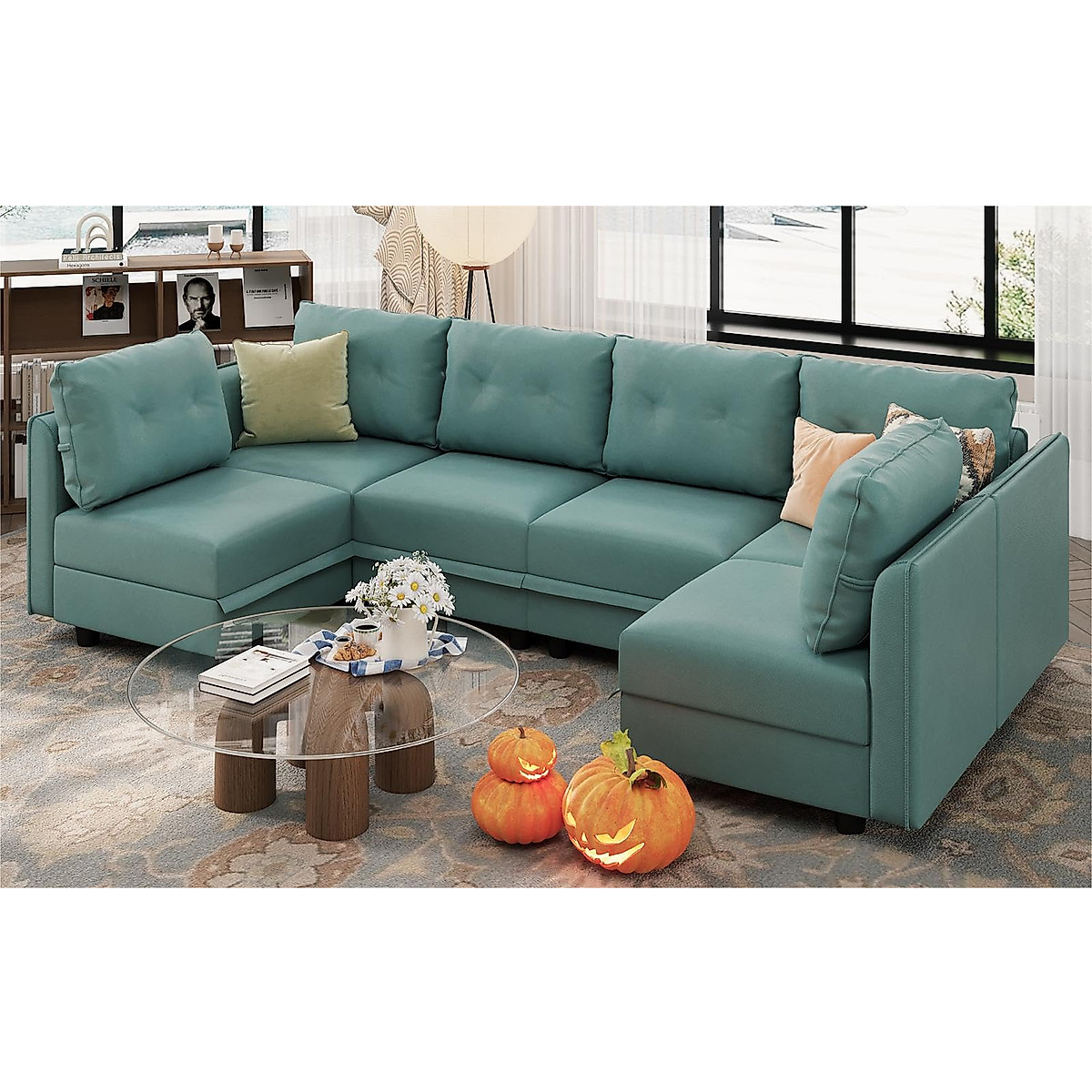 LLappuil Modular Sectional Sofa, Convertible U Shaped Sectional Couch with Storage, Modular Sectionals for Living Room, Faux Leather Fabric Waterproof Sofa, 6 Seat, Aqua Blue
