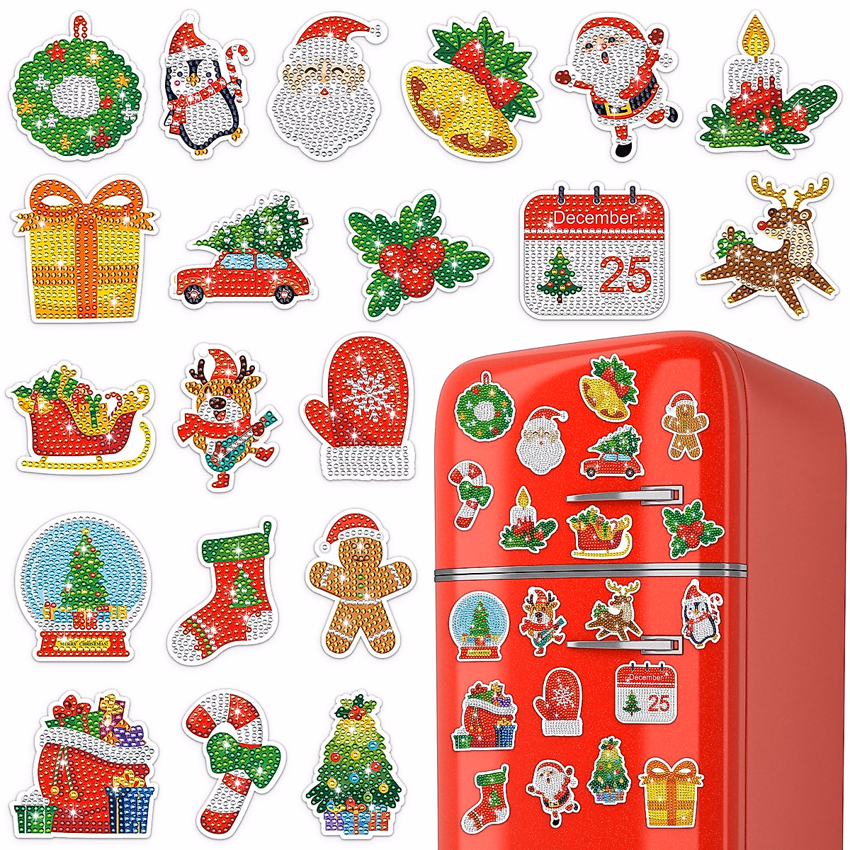 20 Pcs Christmas Diamond Painting Magnets Xmas Refrigerator Magnets Diamond Stickers Happy Holiday Diamond Painting Kits Diamond Art for Car Mailbox Kitchen Christmas Decorations Gifts