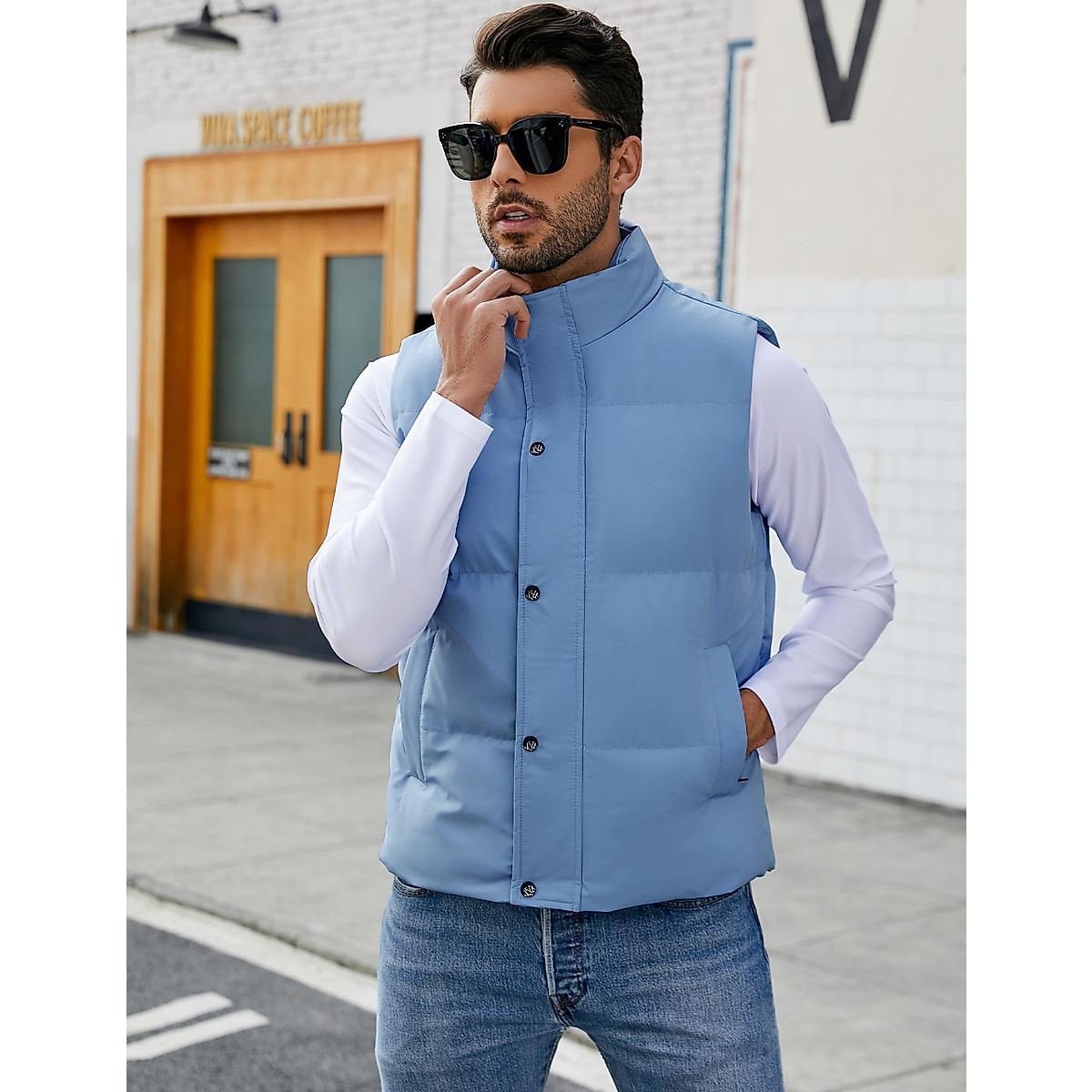 Flygo Mens Puffer Vest Winter Padded Vests Lightweight Stand Collar Sleeveless Jacket Outerwear(Blue-XL)