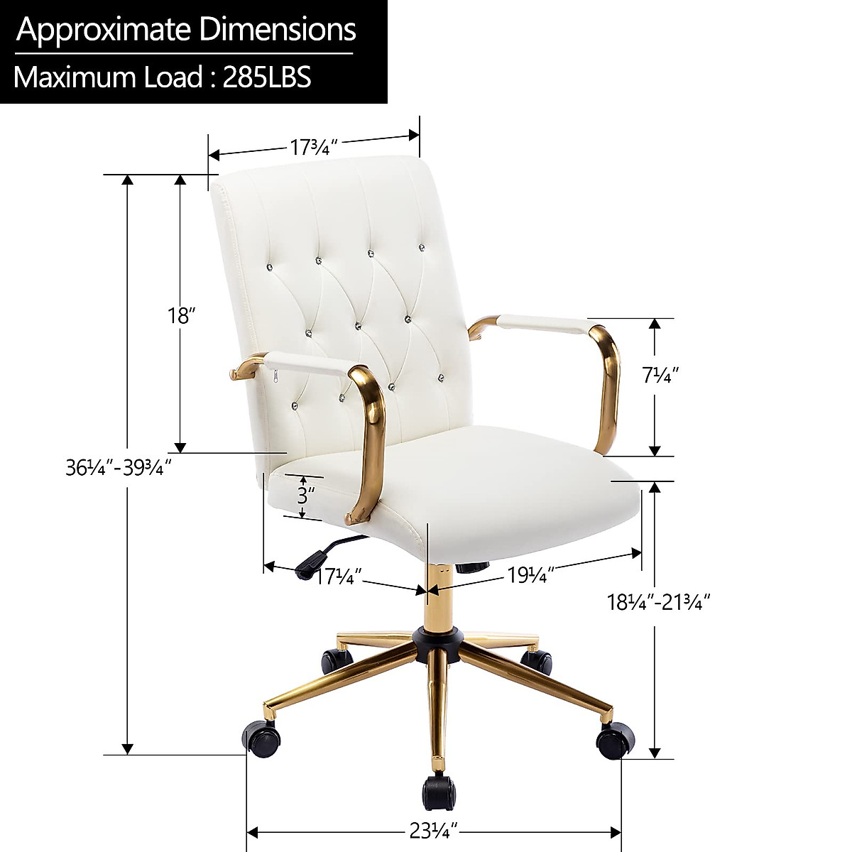 DUHOME PU Leather Home Office Desk Chairs, Modern Gold Task Chair with Wheels for Office, Swivel Adjustable Computer Chair with Armrest and Gold Base White