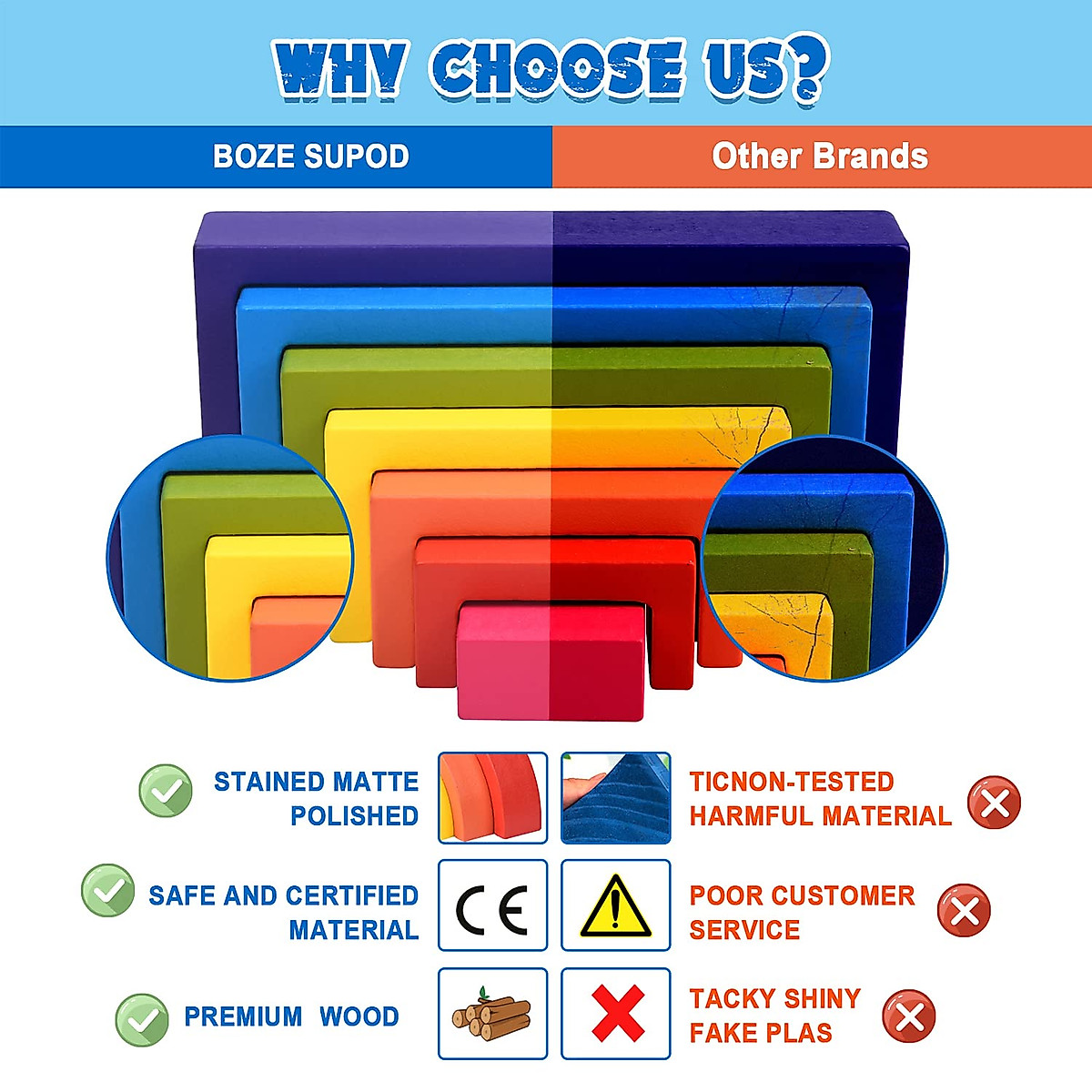 BOZE SUPOD Wooden Toys, Montessori Toys for Kids 3 4 5 6+Years Old Boys Girls Rainbow Stacking Blocks Set Preschool Activites Educational Toy Gifts for Toddler-19PCS