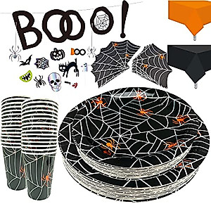 Serves 30 | Complete Party Pack | Halloween Iridescent Spider Web | 9" Dinner Paper Plates | 7" Dessert Paper Plates | 9 oz Cups | 3 Ply Napkins | 2 Table Cover | Halloween Banner | Halloween Party Decorations Halloween Party Theme