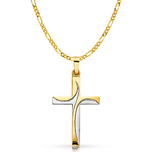 14K Two Tone Gold Cross Charm Pendant with 1.9mm Figaro 3+1 Chain Necklace - 24"