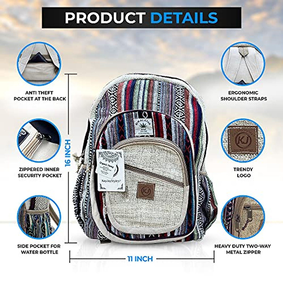 KayJayStyles Natural Handmade Large Multi Pocket Hemp Nepal Backpack