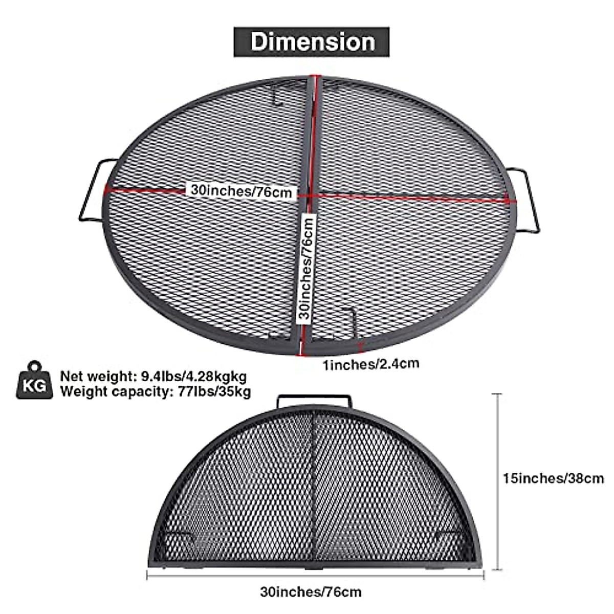 Lineslife X-Marks Fire Pit Cooking Grill Grates Portable, Heavy Duty Folding Round Campfire Grill Grate with Handles for Outdoor BBQ Cooking, Black 30 Inch