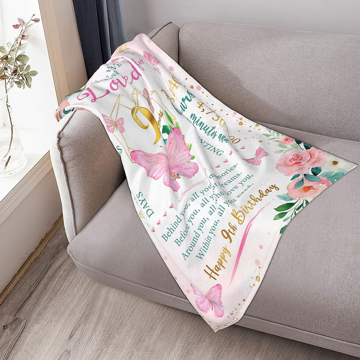 Vervehub 9 Year Old Girl Birthday Gifts Blanket 50"X40", 9 Year Old Girls Gift, Birthday Gifts for 9 Year Old Girls, Best Presents for 9 Year Old Girls, 9 Yr Old Girl Gift, 9th Birthday Gifts