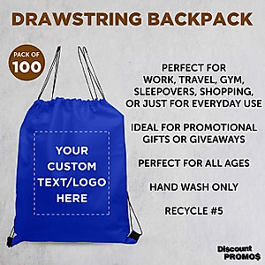 DISCOUNT PROMOS Custom Non-Woven Drawstring Backpacks Set of 100, Personalized Bulk Pack - Bring Everywhere You Go, Great for Travelling, Gym and for Everyday Use - Blue