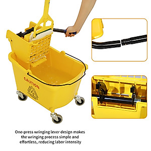 Commercial Mop Bucket with Side-Press Wringer for Floor Cleaning, Restaurants, Offices, and Janitorial Use, 35 Quarts, Yellow,Including One Commercial Mop