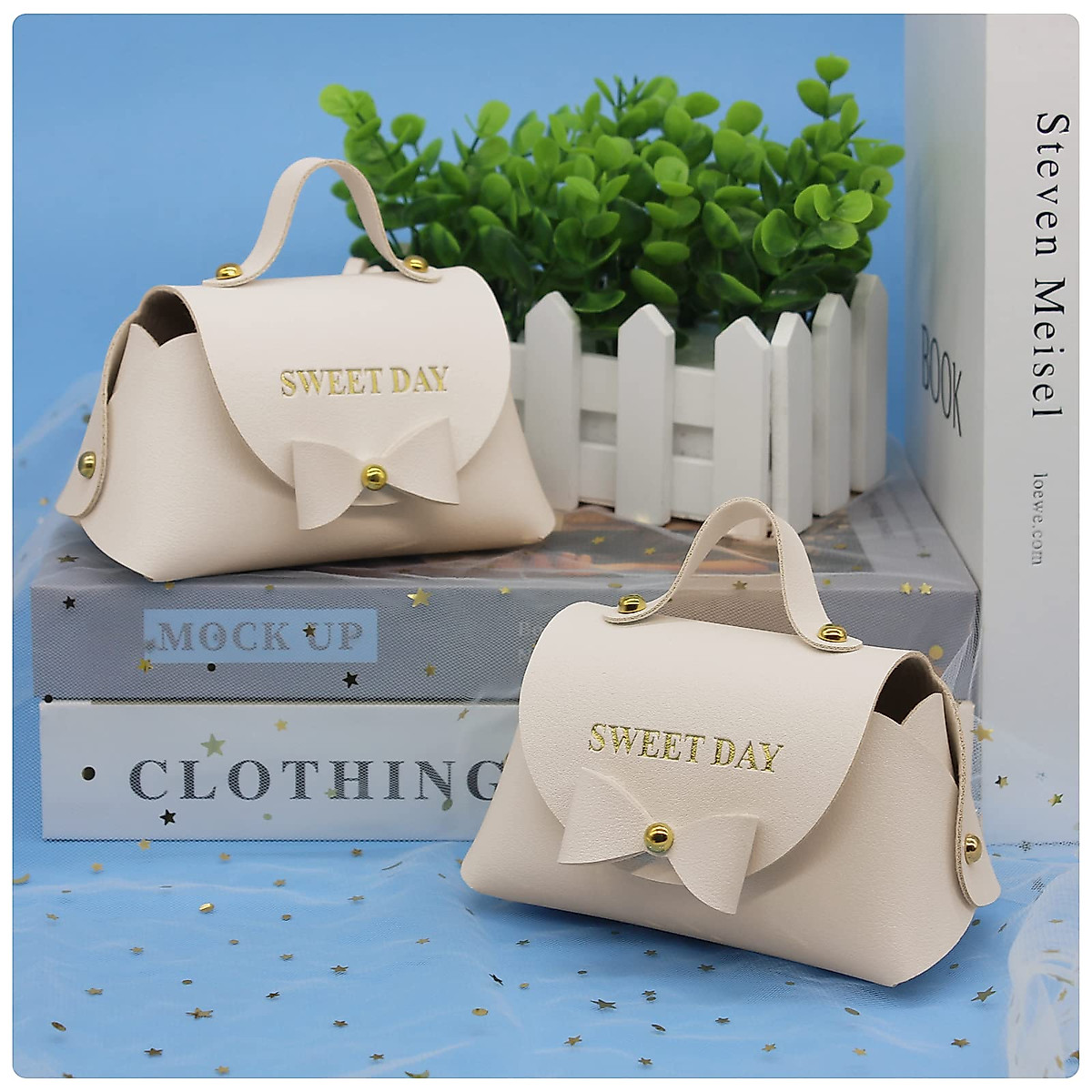 8 pack Exquisite Leather Bowknot Handbag Treat Boxes Gift Boxes with Handle, 5"x3.5" Reusable Wedding Party Favor Boxes Small Size Candy Gift Bags with Bow for Baby Showers Birthday Christmas Party