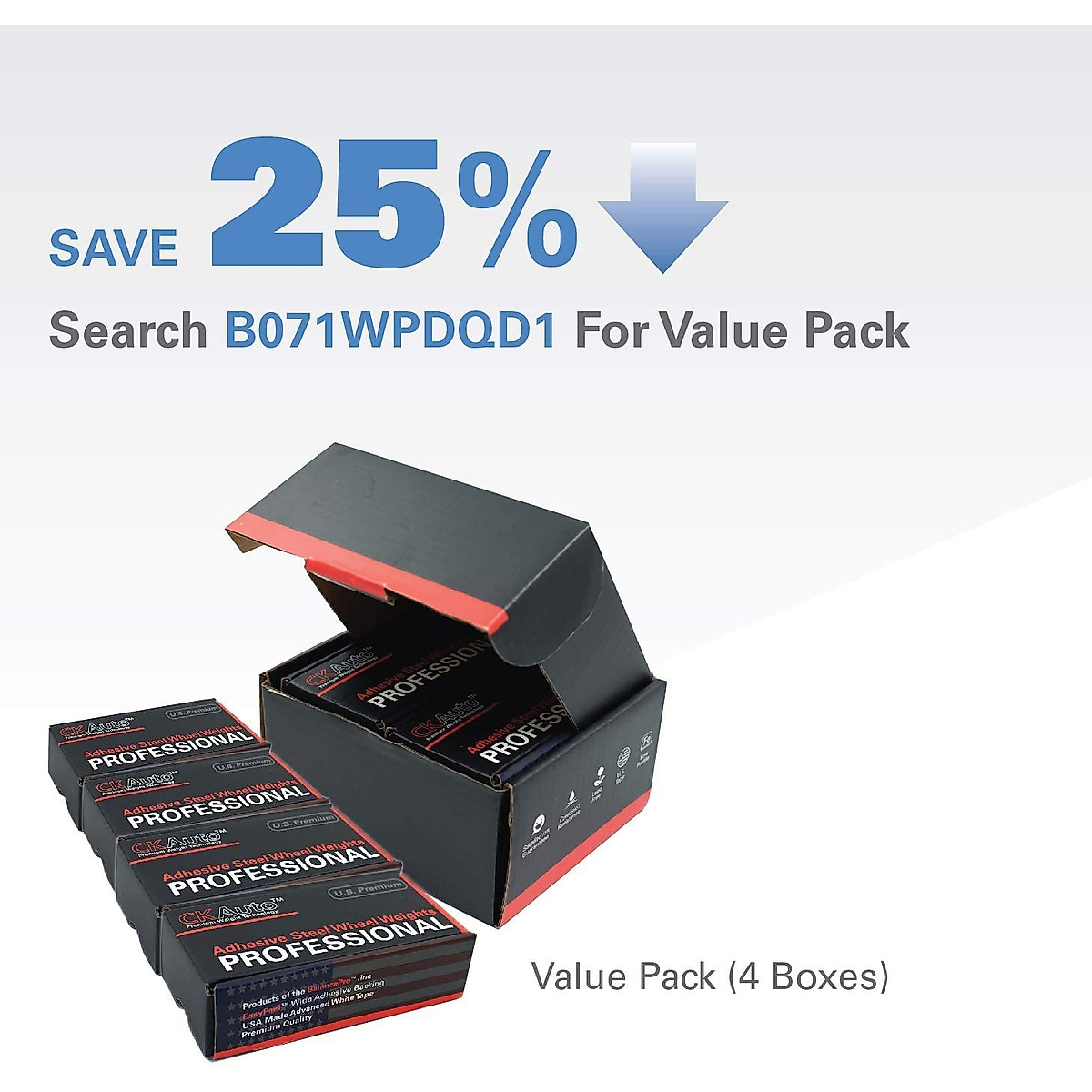 CKAuto 1/4oz, 0.25oz, Black, Adhesive Stick on Wheel Weights, EasyPeel Tape. Cars, Trucks, SUVs, Motorcycles, Low Profile, 60oz/Box, U.S. OEM Quality, (240pcs)