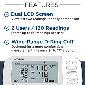 OMRON Gold Blood Pressure Monitor, Premium Upper Arm Cuff, Digital Bluetooth Blood Pressure Machine, Stores Up To 120 Readings for Two Users (60 readings each)