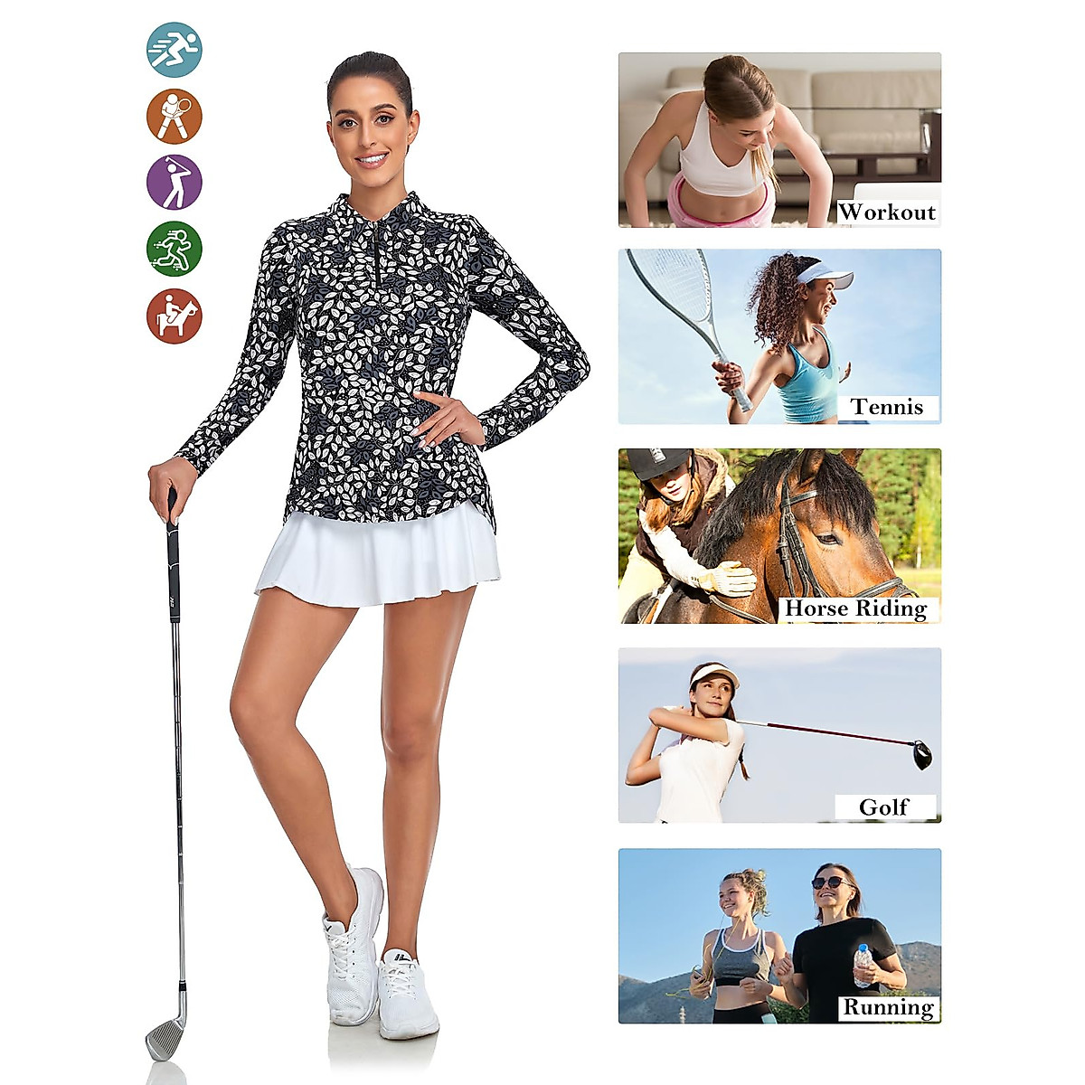 Tanst Sky Long Sleeve Collared Golf Shirts for Women Quick Dry Quarter Zip V Neck Pullover Lightweight Athletic Workout Tops UPF 50+ Gym Hiking Running Clothes Black Large