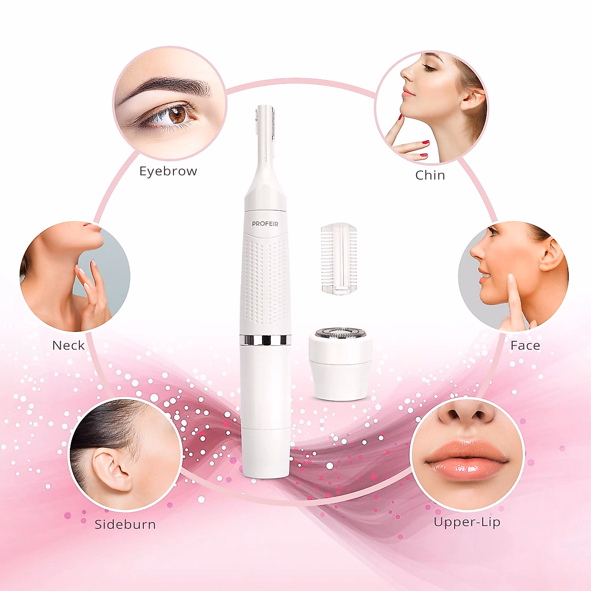 Profeir Women's 2-in-1 Eyebrow Trimmer and Hair Remover, USB Rechargeable, Stainless Steel, Includes 2 Interchangeable Heads, Perfect for Travel and Home Use