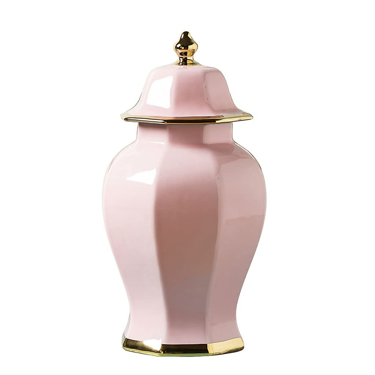 Handmade Pink Hexagon Ginger Jar Vase Ornament, Home & Living Room Decorative Jar, Gold-Plated Ceramic Temple Jar (Size : Large)