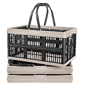 CleverMade 16L Collapsible Reusable Plastic Grocery Shopping Baskets; Small Foldable Storage Crates with Handles, 3 Pack, Tan