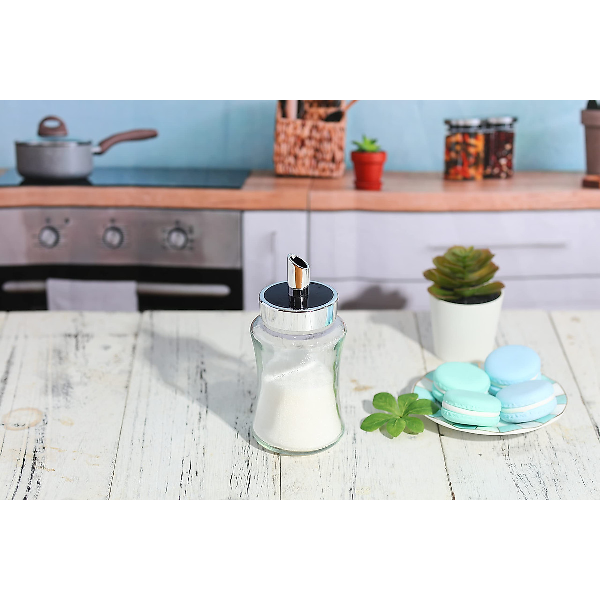 J&M DESIGN Sugar Dispenser with Pour Spout & Shaker For Coffee, Cereal Bowl, Tea & Baking Lid for Easy Spoon Measuring Pour - 7.5oz Glass Jar Container - Dishwasher Safe